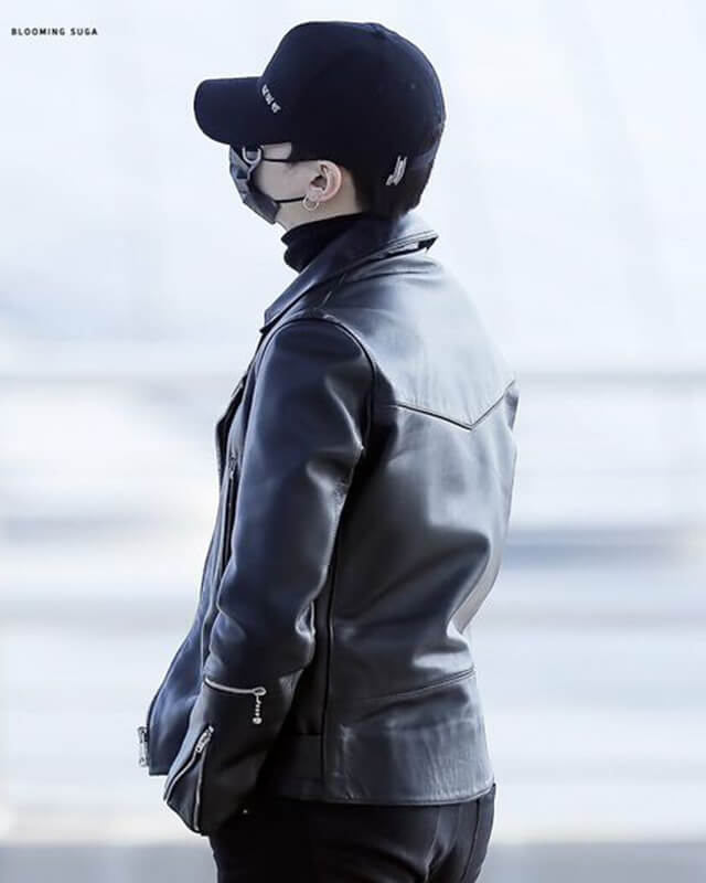 BTS Suga Black Biker Leather Jacket - Kpop BTS Airport Fashion – AlexGear