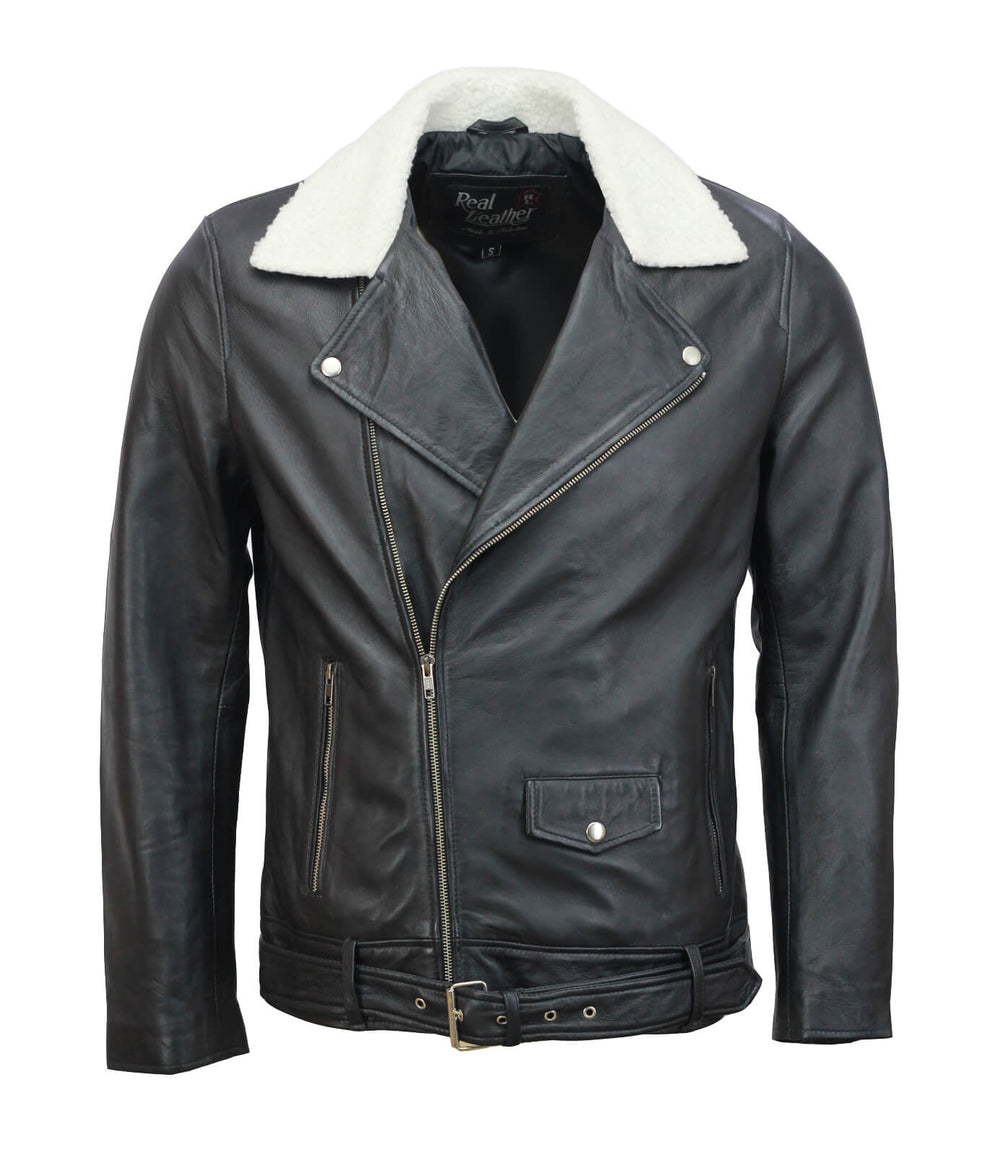 Black Motorcycle Leather Jacket with Fur Collar – AlexGear