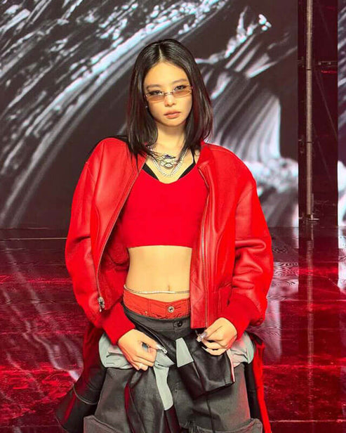 Blackpink Jennie Live Performance Red Leather Jacket – AlexGear