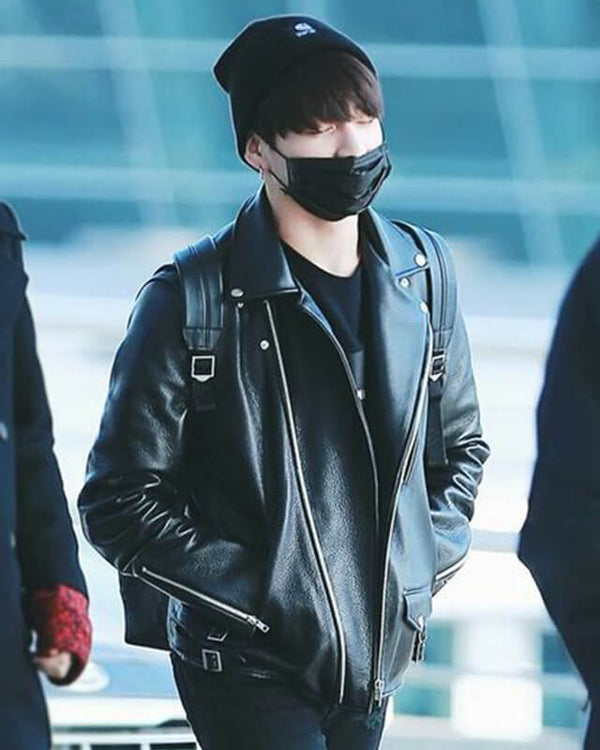 BTS Jungkook Black Motorcycle Leather Jacket - Airport Fashion Outfit ...