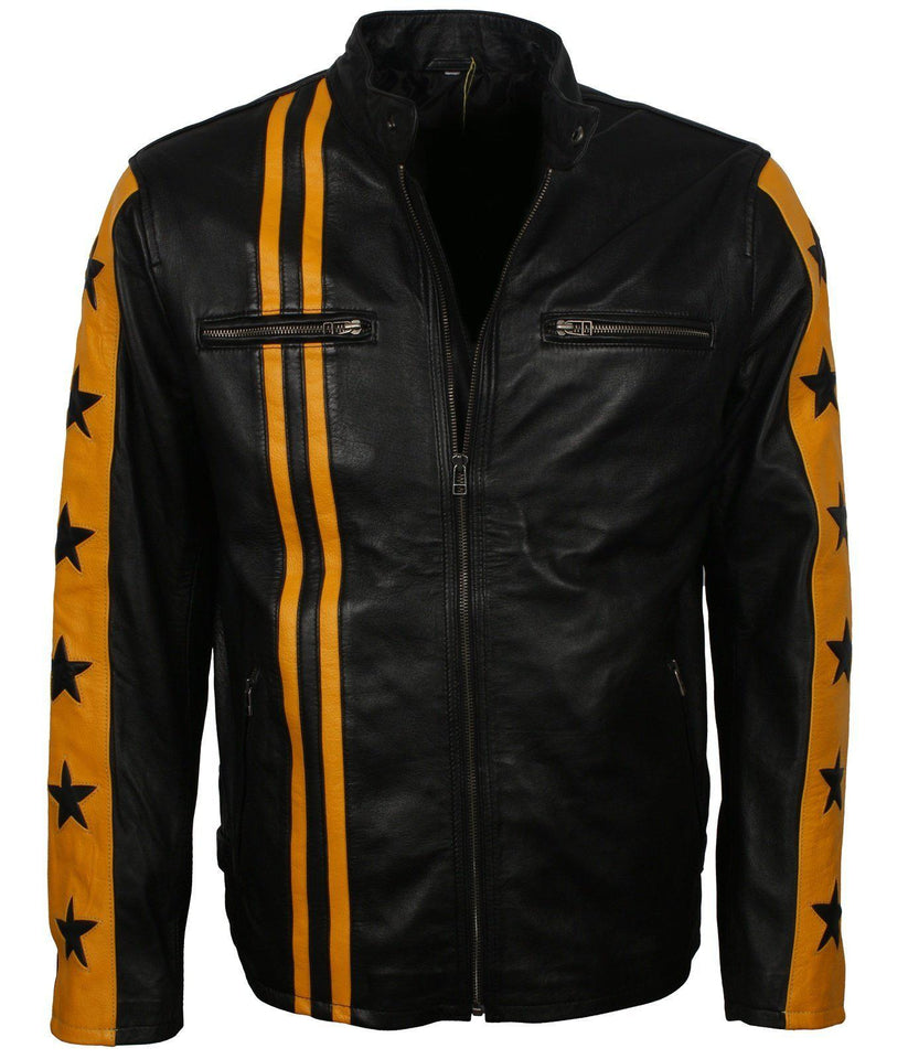 Black and Yellow Leather Jacket with Stars and Stripes – AlexGear