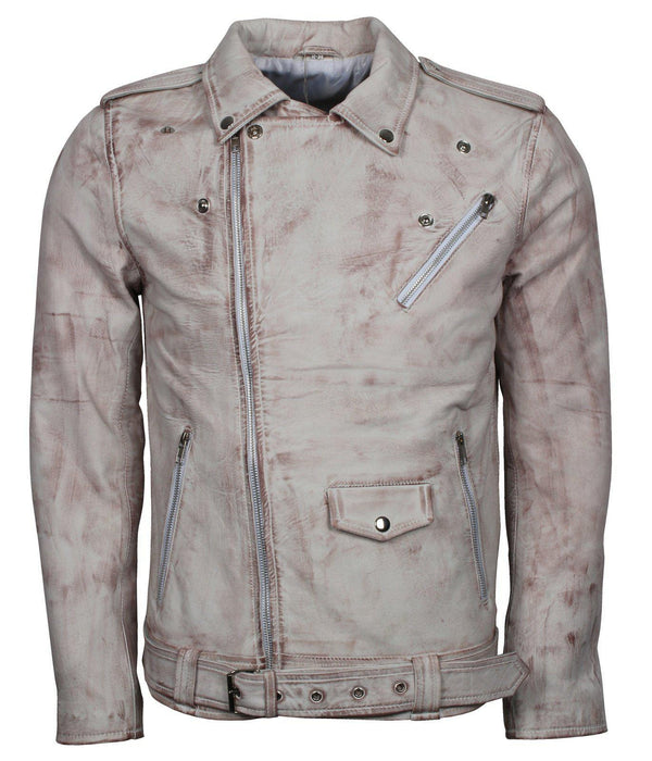 White Rocker Distressed Leather Belted Motorcycle Jacket | Alex Gear ...